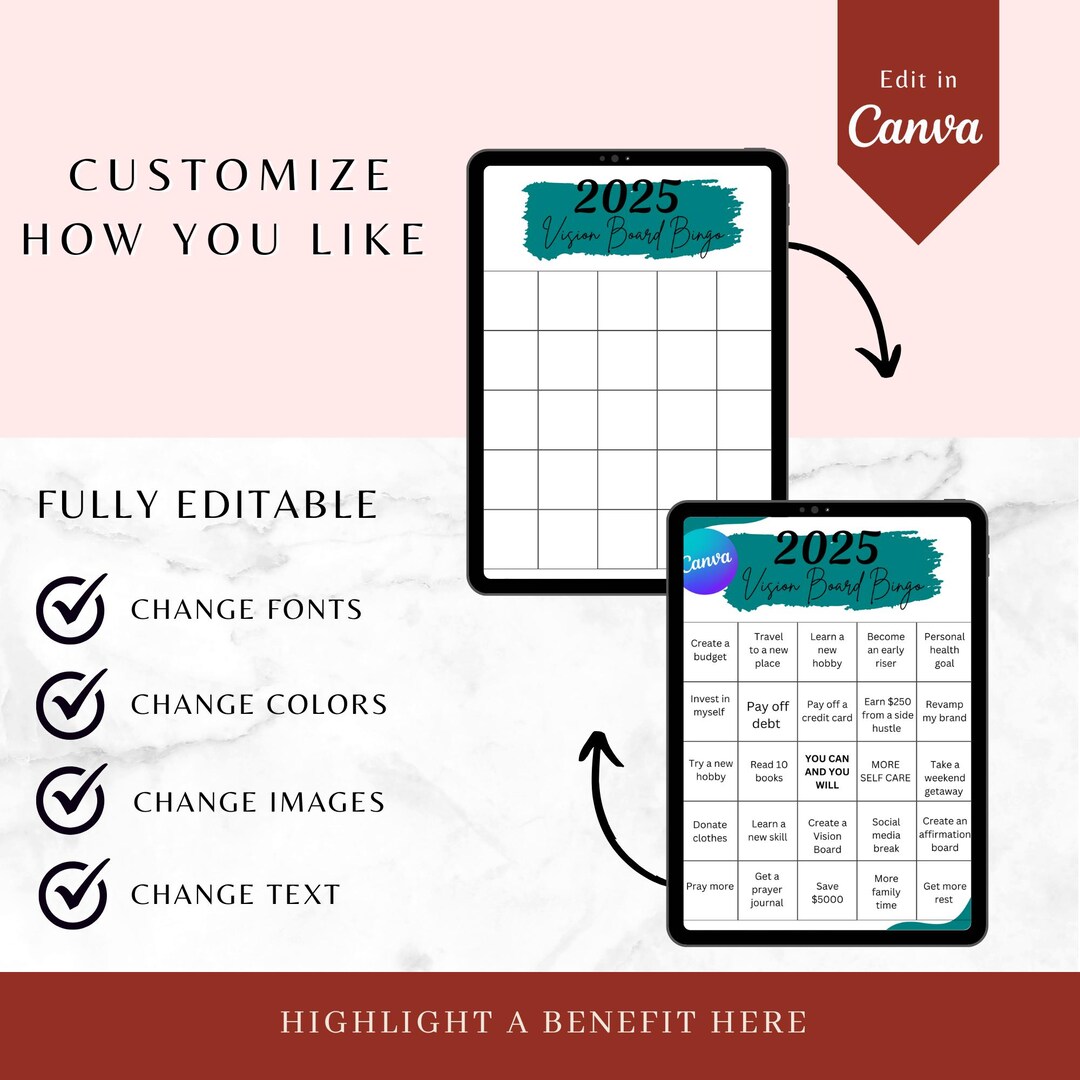 Vision Board Bingo | Editable Canva Bingo Template | 2025 Goal Planner ...