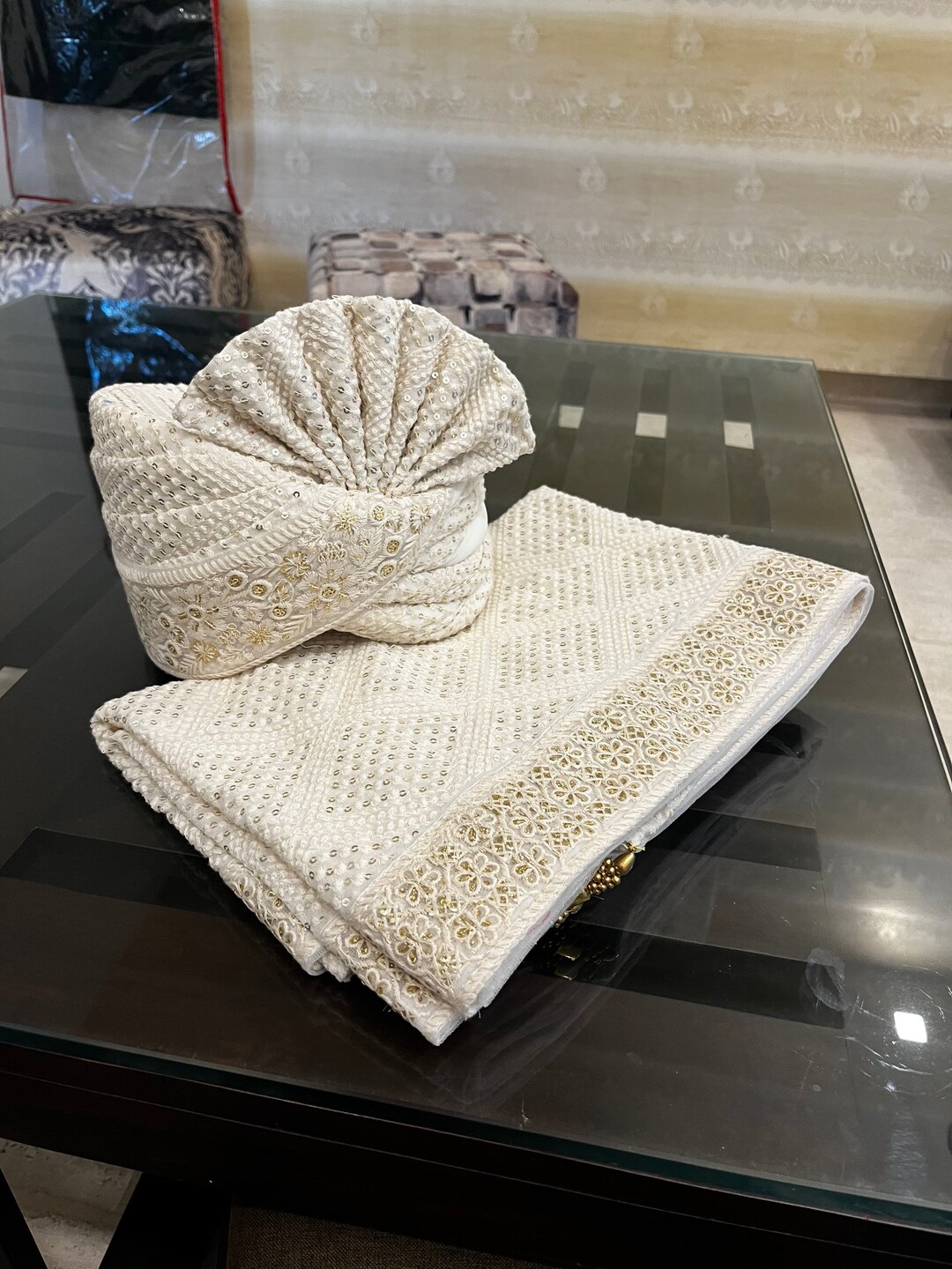 White Stole (dupatta) and White Turban Combined Set for Traditional Men ...