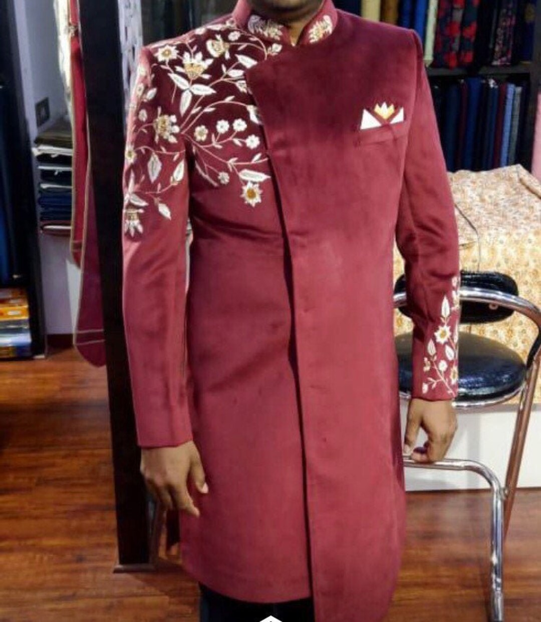 Red Velvet Sherwani Handwork for Men | Ethnic Wear for Men | Indian ...