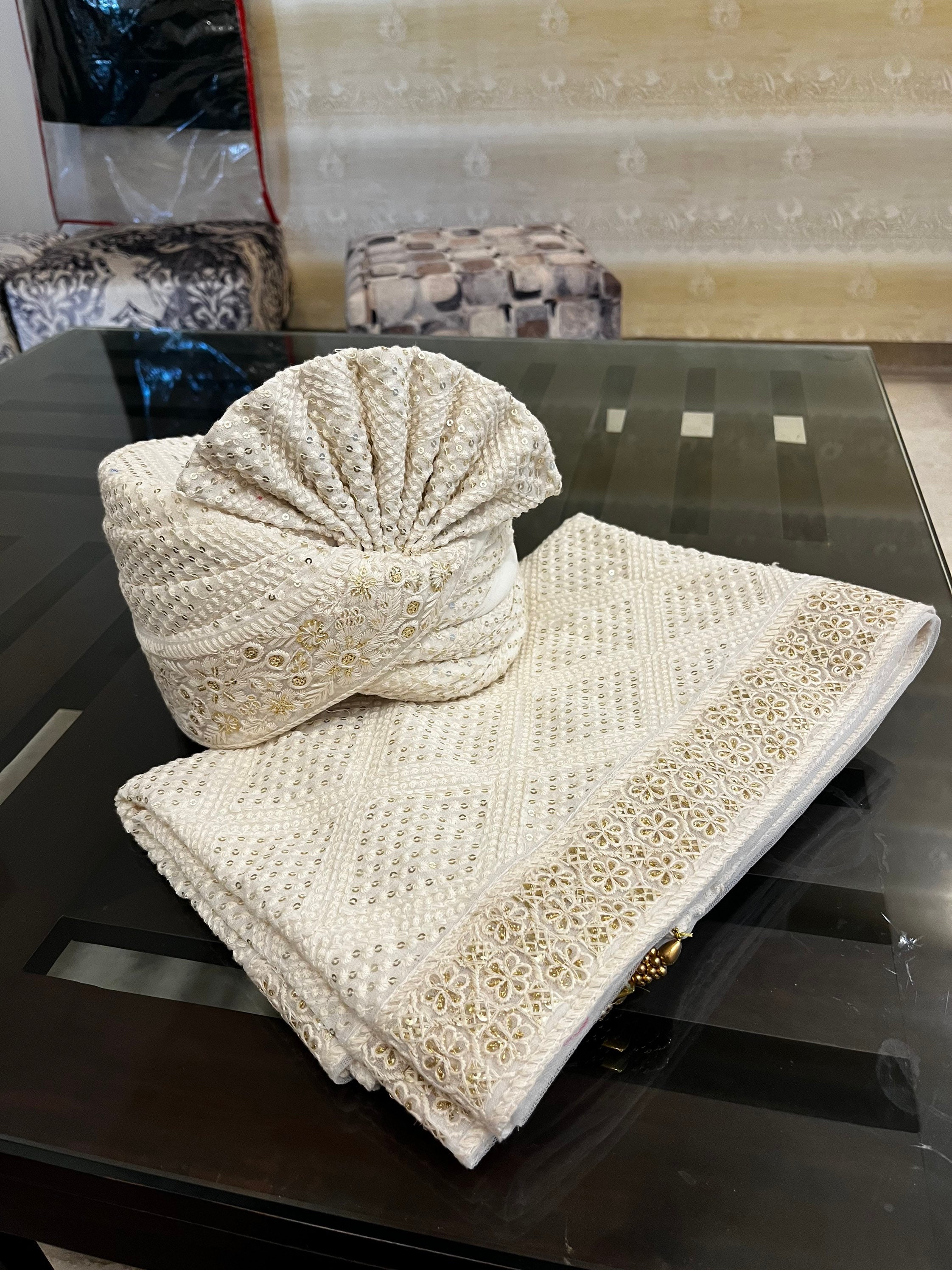White Stole (dupatta) and White Turban Combined Set for Traditional Men ...