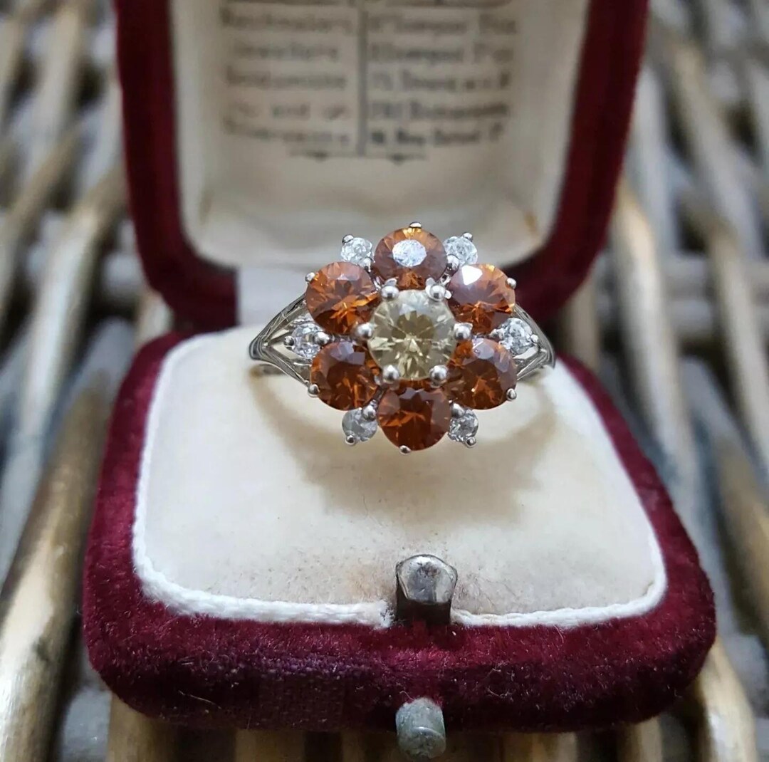 9ct White Gold Ring, Natural Orange Sapphire and Cinnamon Zircon,size S ...