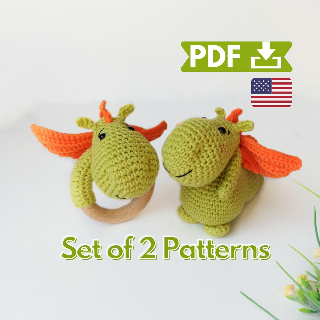 Set of 2 Crochet Patterns, Crochet Dragon Figurine, Crochet Baby Rattle ...