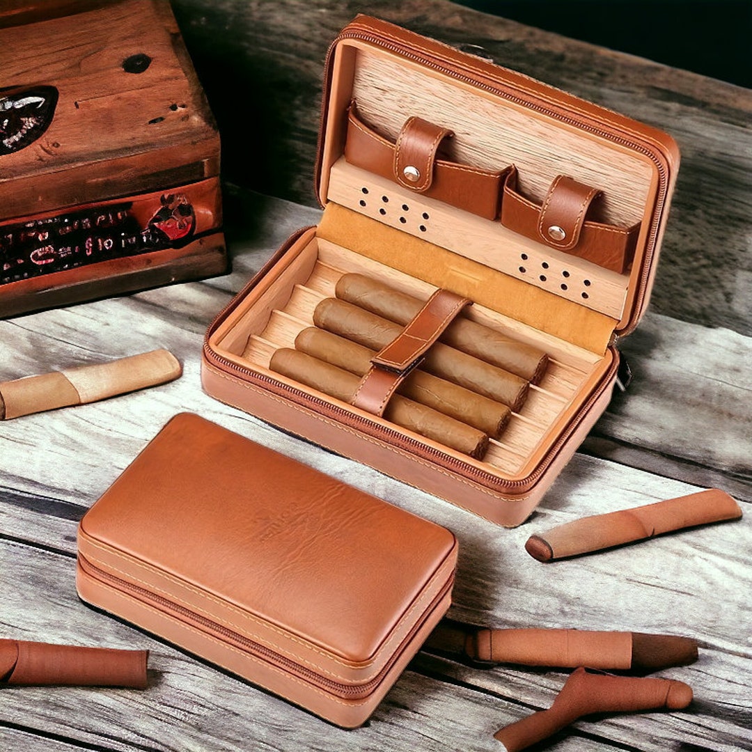 Personalized Wooden Cigar Humidor Box Portable Leather Travel Case 4 ...