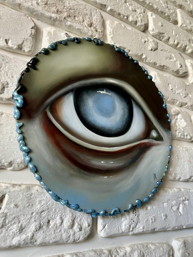 Creepy Surreal Blind Eye Oil Painting, Wood Panel Wall Art, Spooky Blue ...