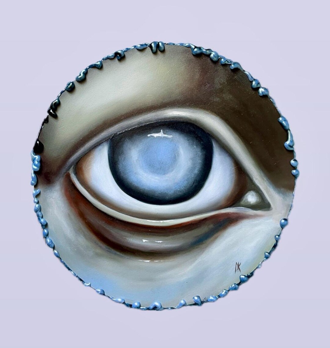 Creepy Surreal Blind Eye Oil Painting, Wood Panel Wall Art, Spooky Blue ...