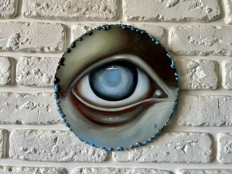 Creepy Surreal Blind Eye Oil Painting, Wood Panel Wall Art, Spooky Blue ...