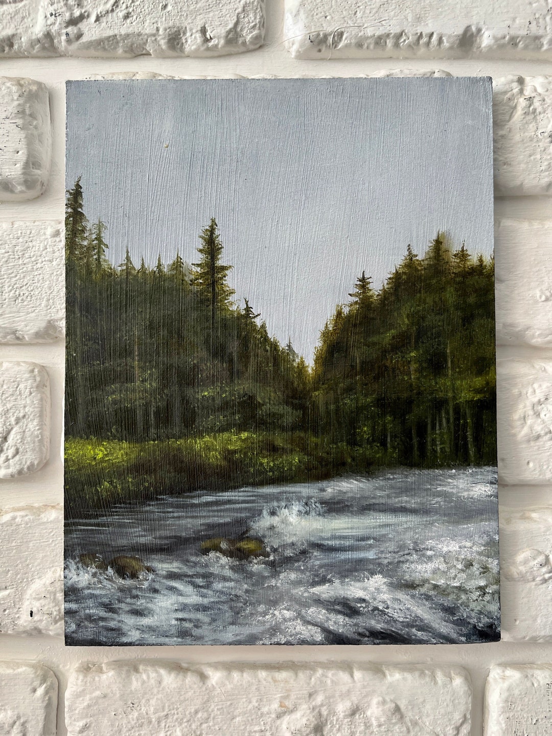 Original Oil Painting, Dark Forest Art, River and Mountains, Dark ...