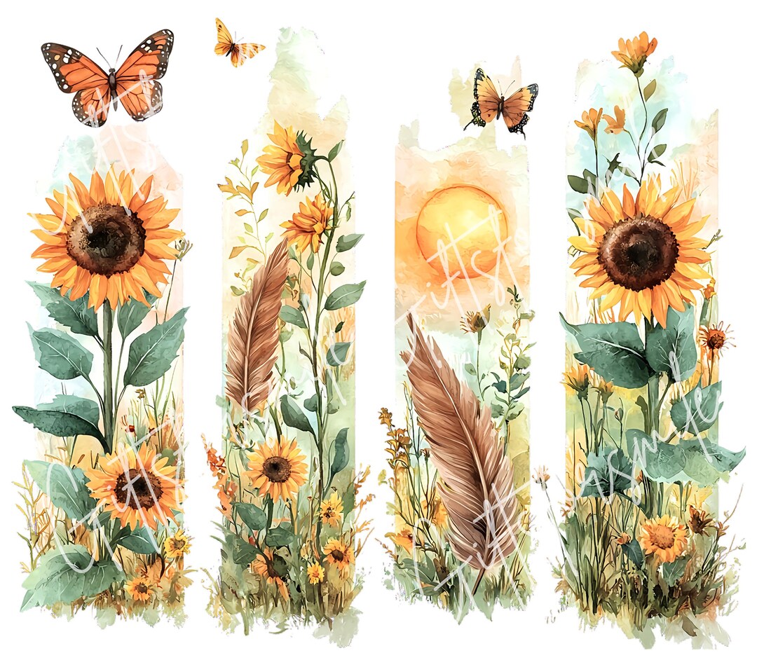 Watercolor Sunflower Brush Strokes Png, Sunflower and Butterfly Art ...