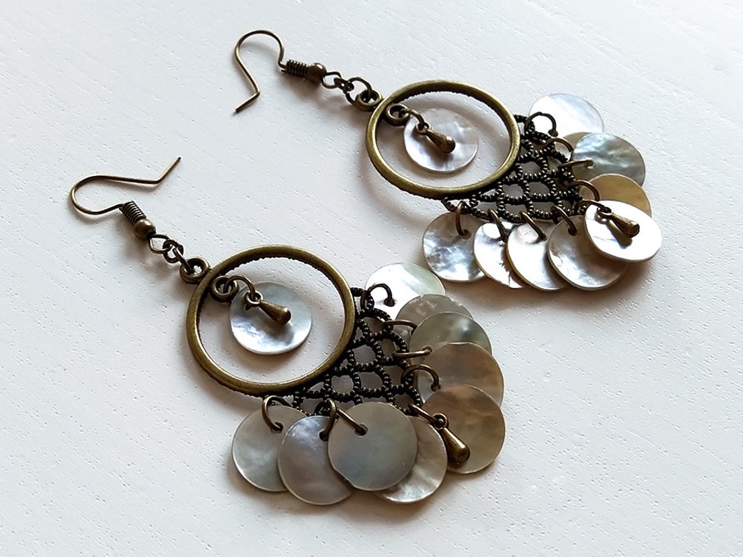 Earrings Bronze Chandelier Cluster Sequins Mother-of-pearl - Etsy