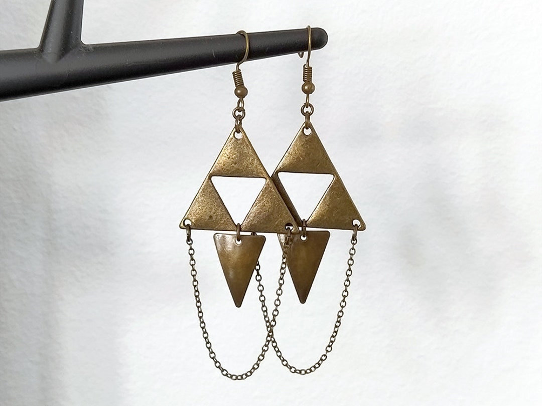 Bronze Triple Triangle Curved Triangle Chain Earrings - Etsy