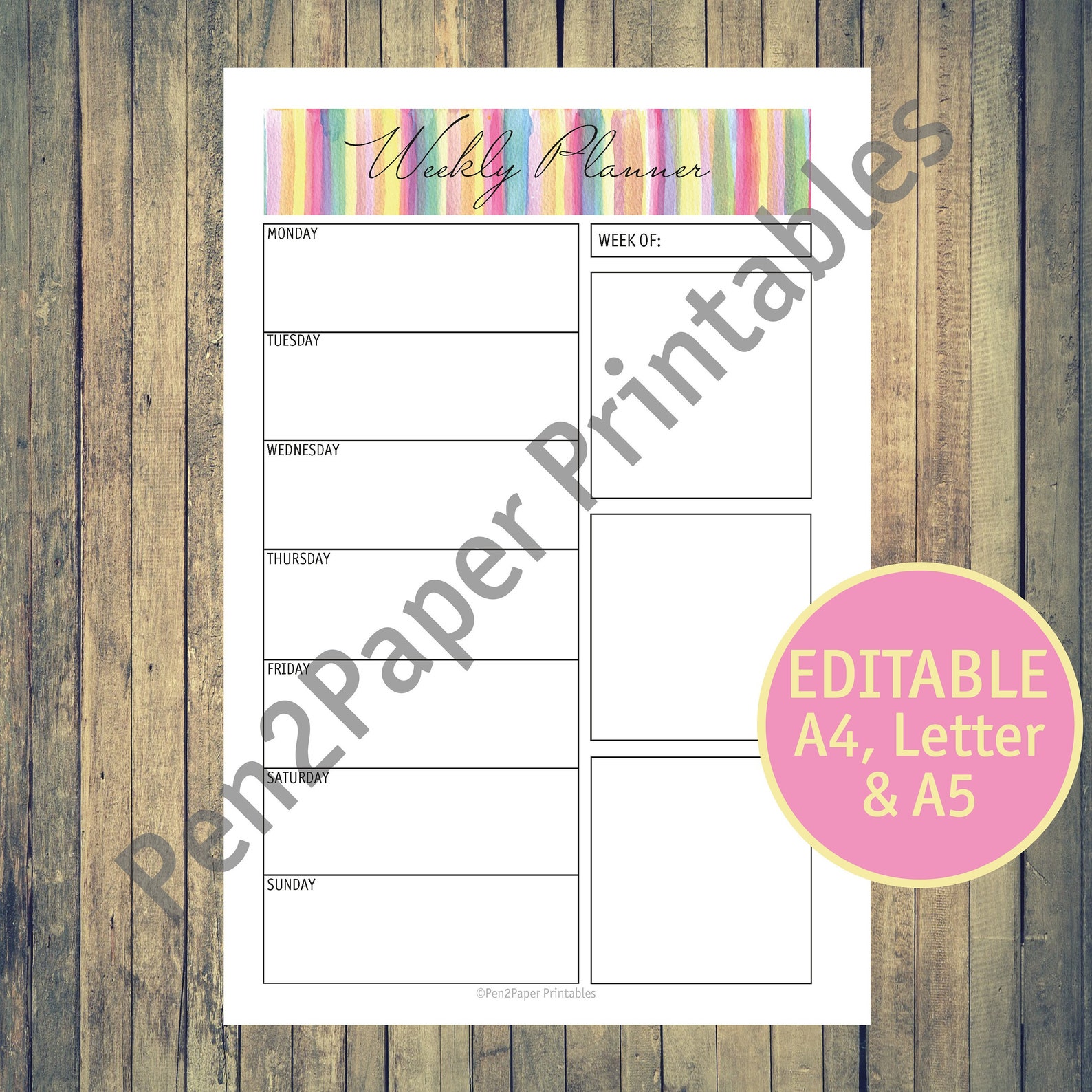 EDITABLE A4, Letter & A5 Week on One Page Printable - Etsy UK