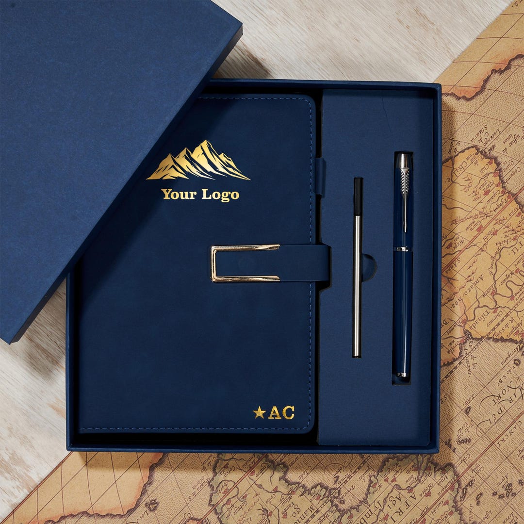 Custom Your Logo Leather Journal Gift Set, Engraved Logo A5 Notebook ...