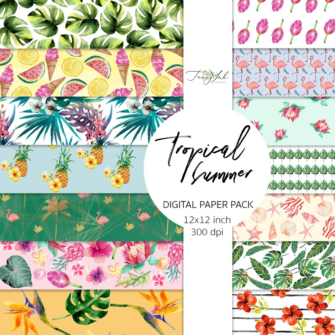 Tropical Summer Digital Paper, Summer Wedding, Beach Paper, Pineapple ...