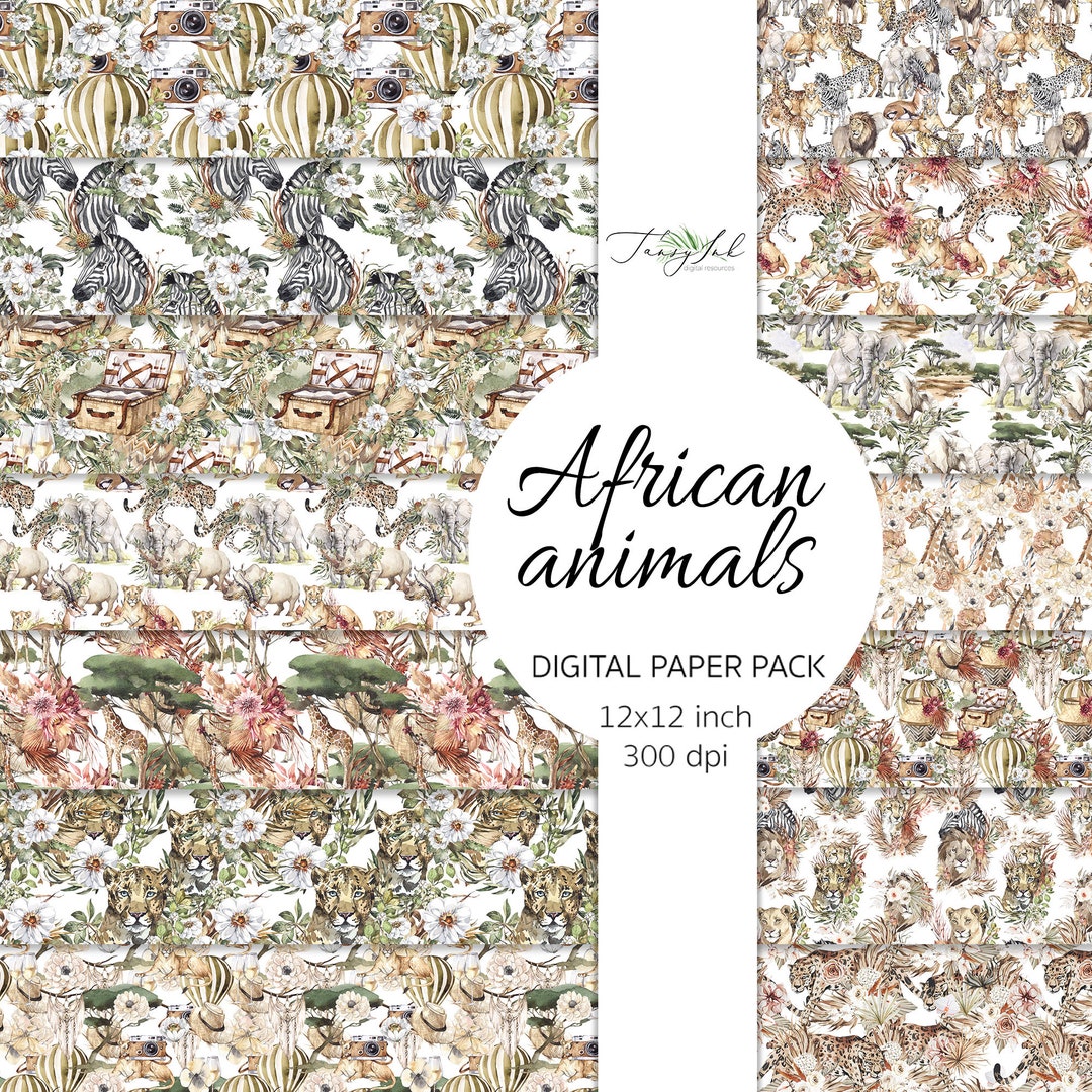 African Animals Digital Paper, Seamless Paper, Safari Animals, Savanna ...