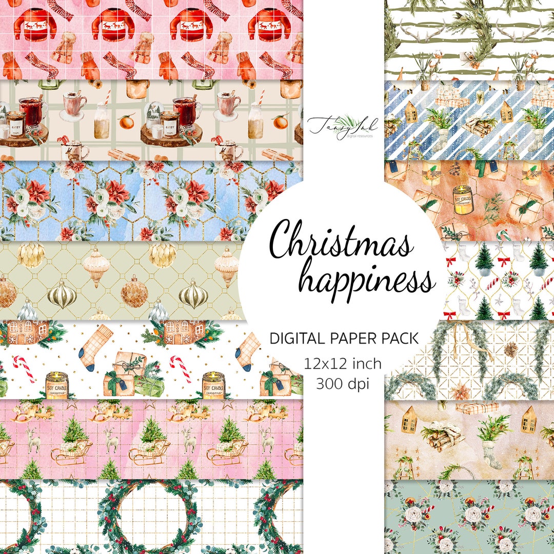 Christmas Happiness Digital Paper, Seamless Paper, Holiday Paper, Xmas ...