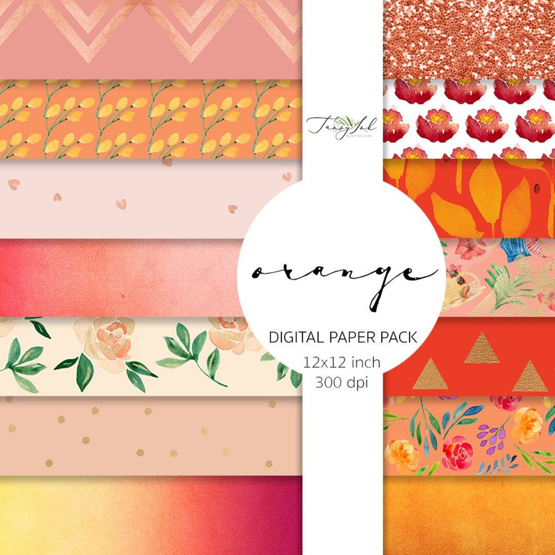 Orange Digital Paper, Orange Watercolor Paper, Orange Flowers Pattern ...