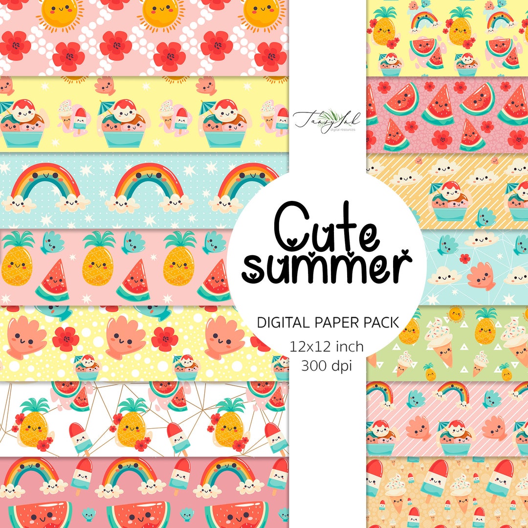 Cute Summer Digital Paper, Kawaii Seamless Pattern, Pastel Background ...