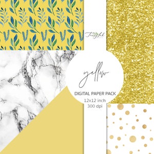 Yellow Digital Paper, Watercolor Leaves, Yellow Watercolor Paper, Lemon ...