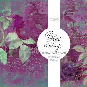 Blue Vintage Digital Paper, Grungy Blue Paper, Vintage Flowers, Old ...