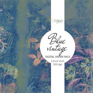 Blue Vintage Digital Paper, Grungy Blue Paper, Vintage Flowers, Old ...