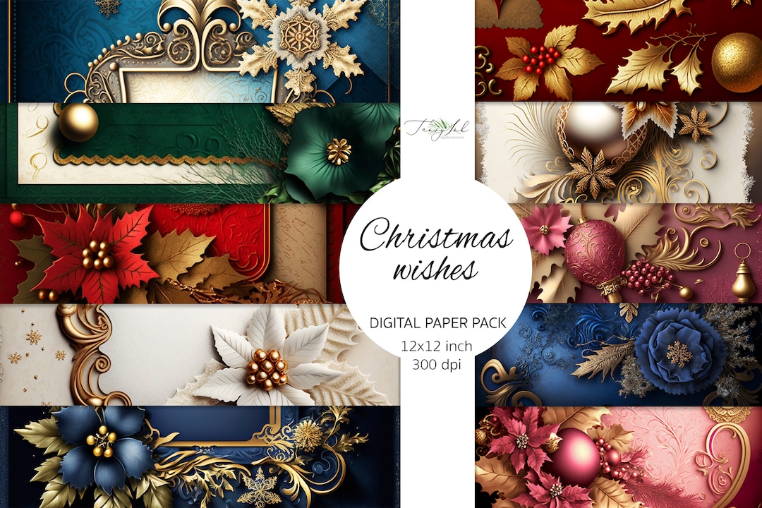 Christmas Wishes Digital Paper, Gold Luxury Frames Cards, Christmas ...