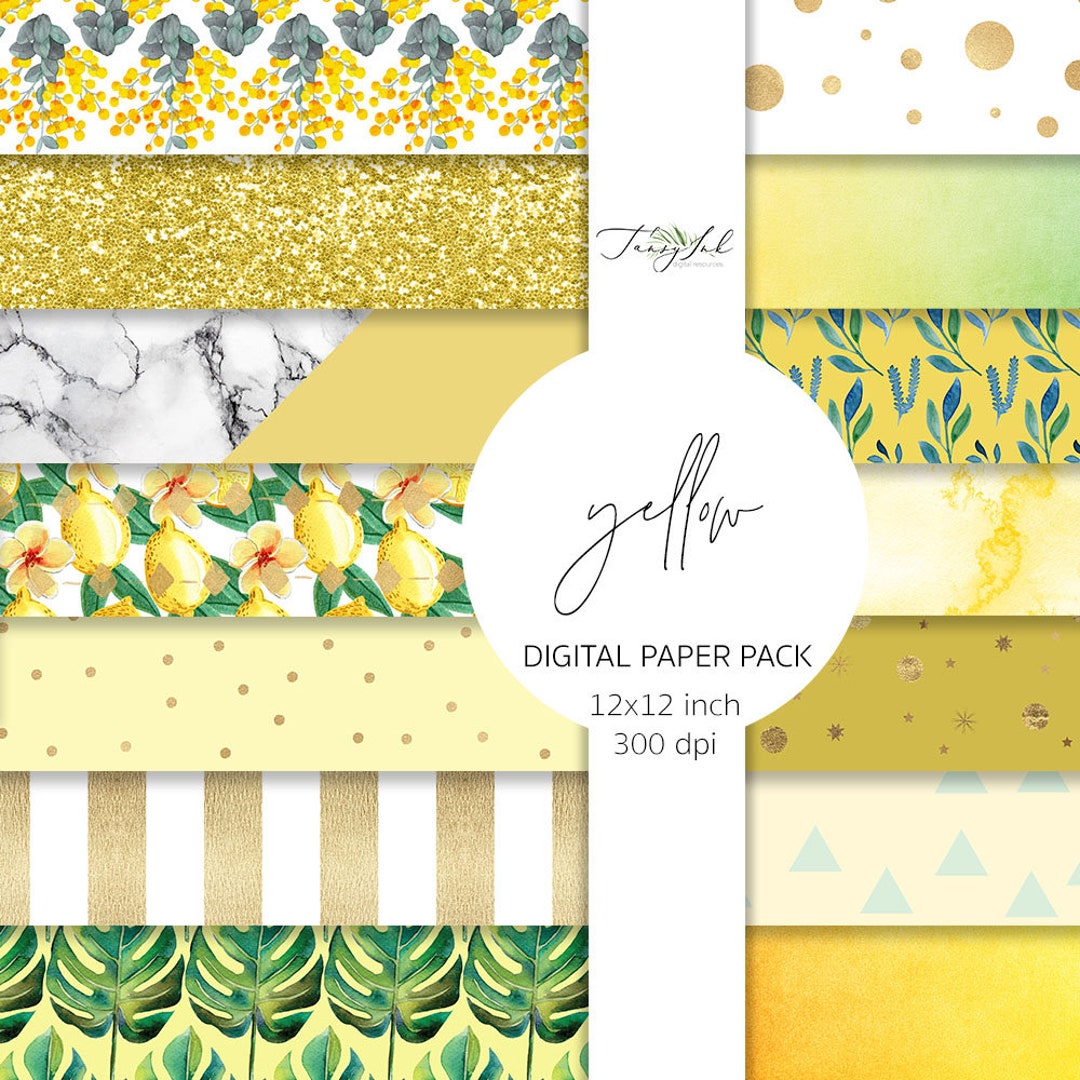 Yellow Digital Paper, Watercolor Leaves, Yellow Watercolor Paper, Lemon ...