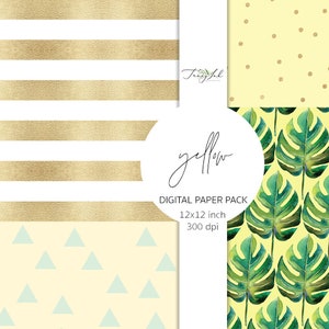Yellow Digital Paper, Watercolor Leaves, Yellow Watercolor Paper, Lemon ...