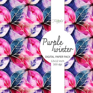 Purple Winter Digital Paper, Seamless Paper, Winter Flowers, Purple ...