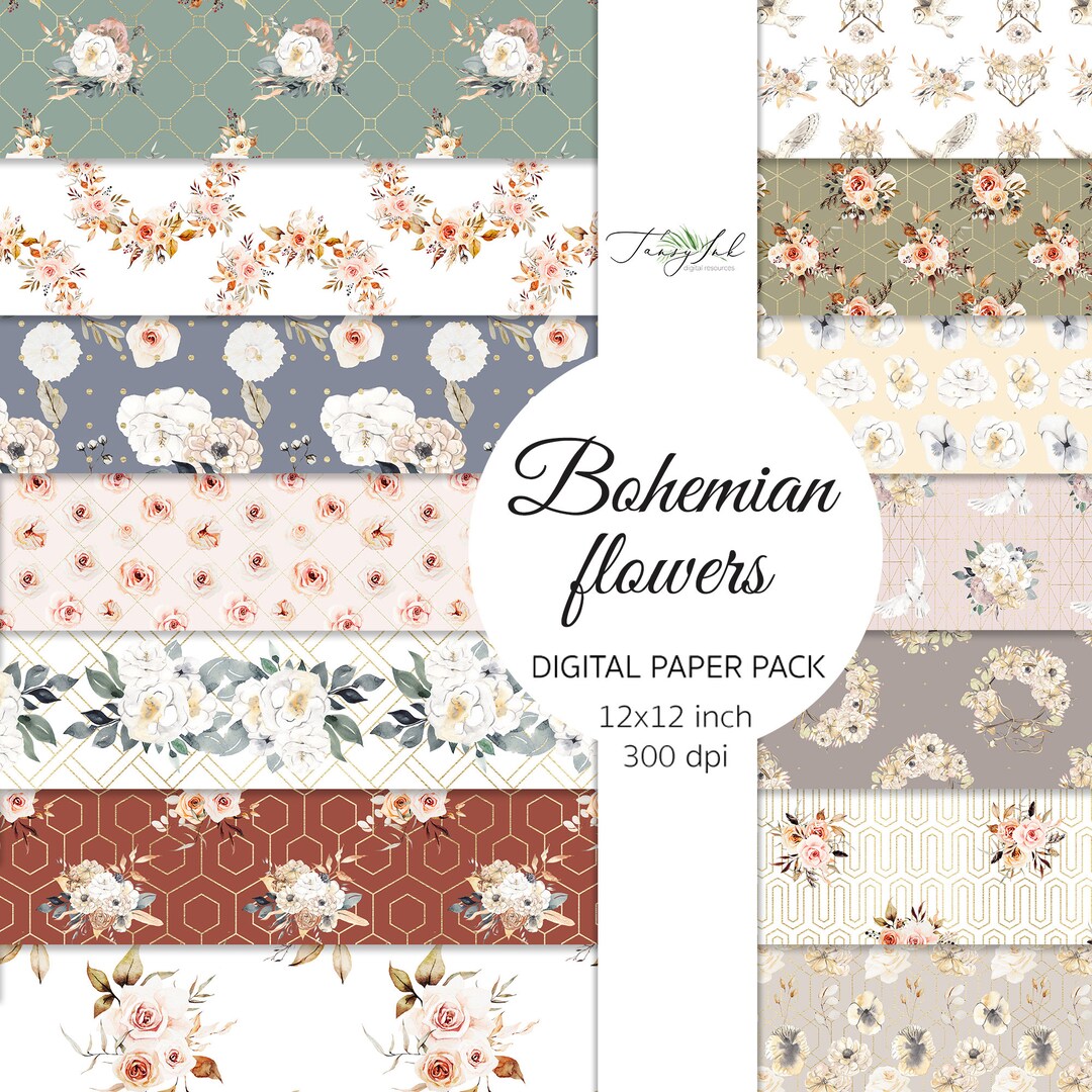 Bohemian Flowers Digital Paper, Seamless Paper, Watercolor Flowers ...