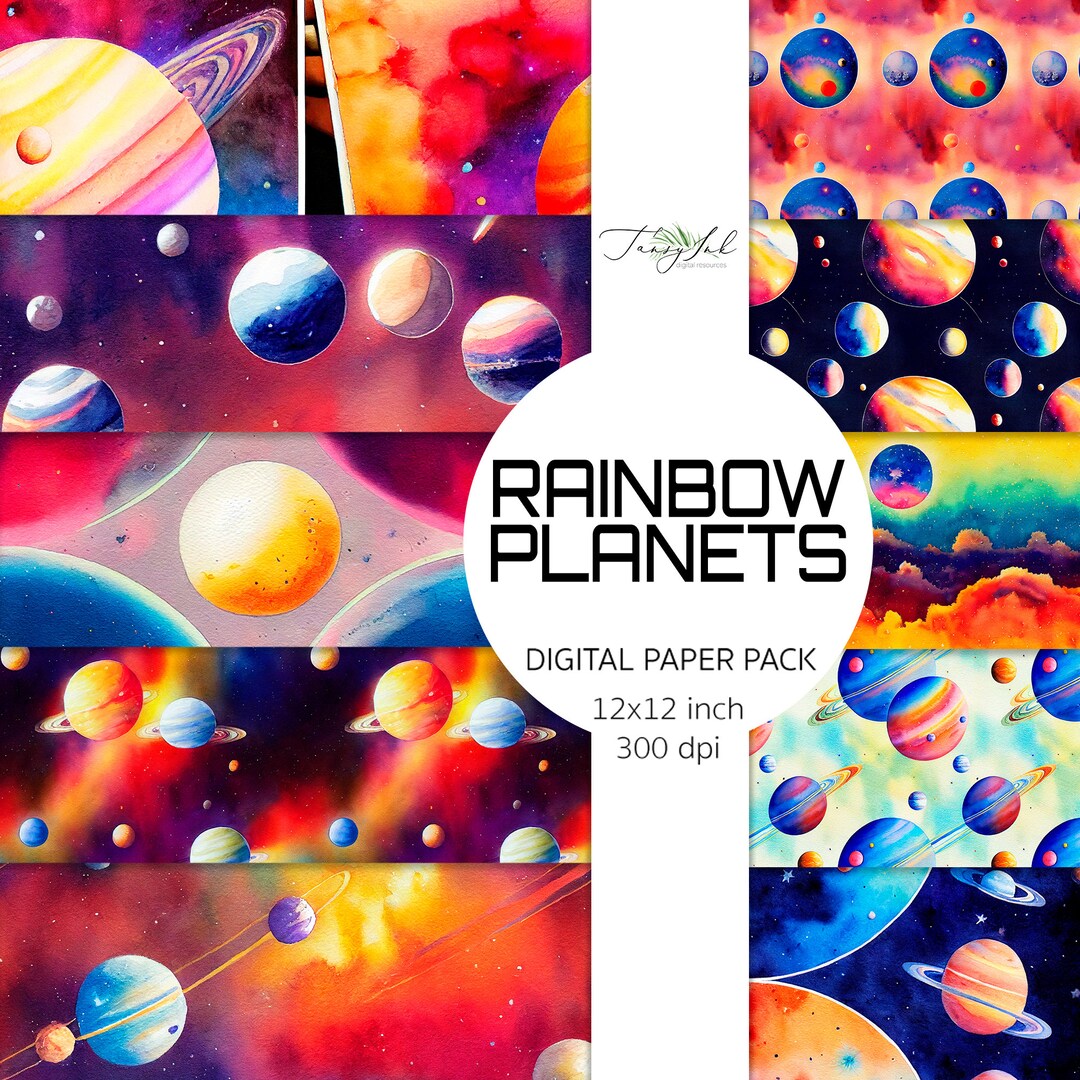 Rainbow Planets Digital Paper, Seamless Paper, Rainbow Galaxy ...