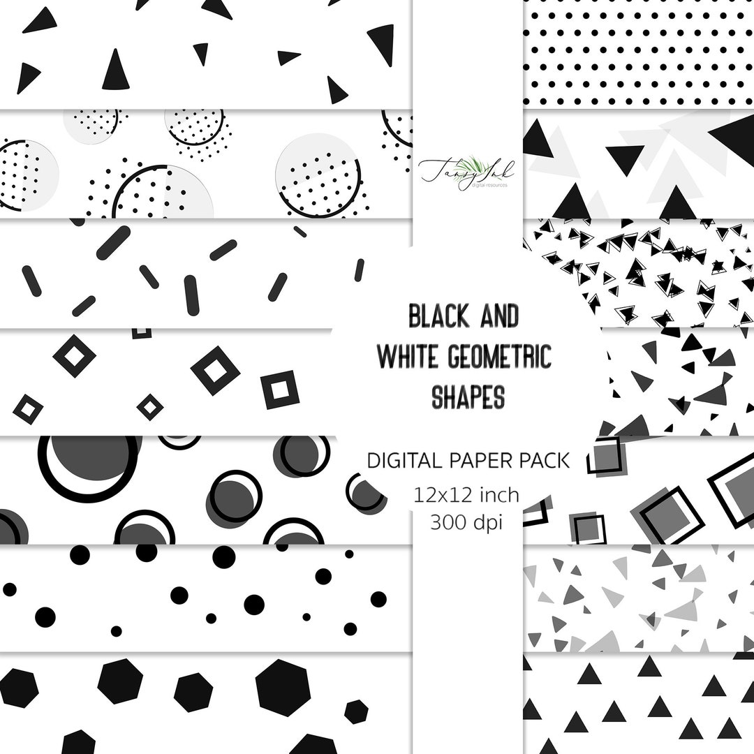 Black and White Geometric Shapes Digital Paper, Retro Shapes, Geometric ...
