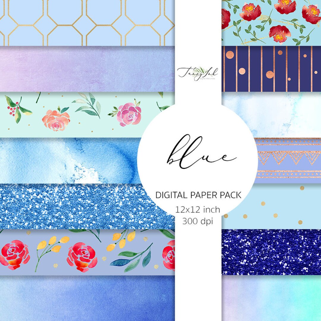 Blue Digital Paper, Watercolor Flowers, Blue Watercolor Paper, Rose ...