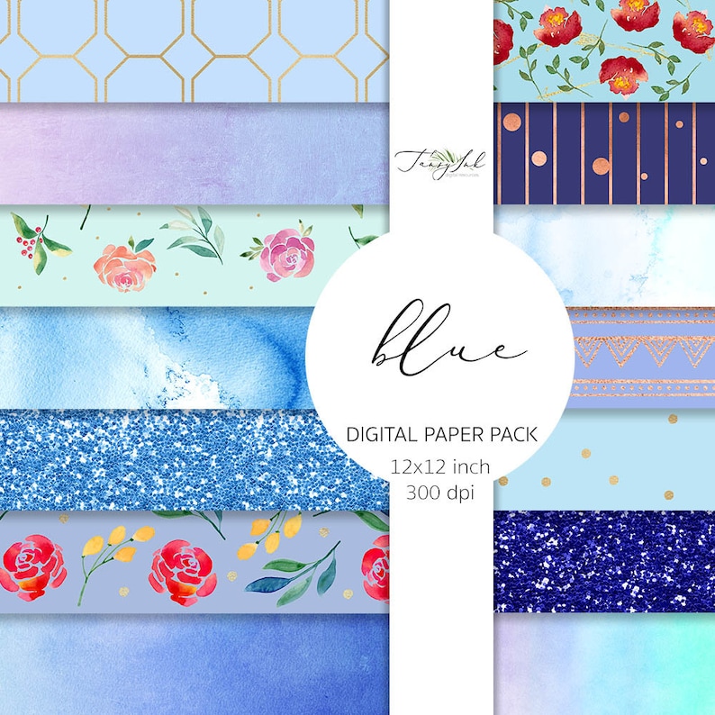 Blue Digital Paper Watercolor Flowers Blue Watercolor Paper - Etsy