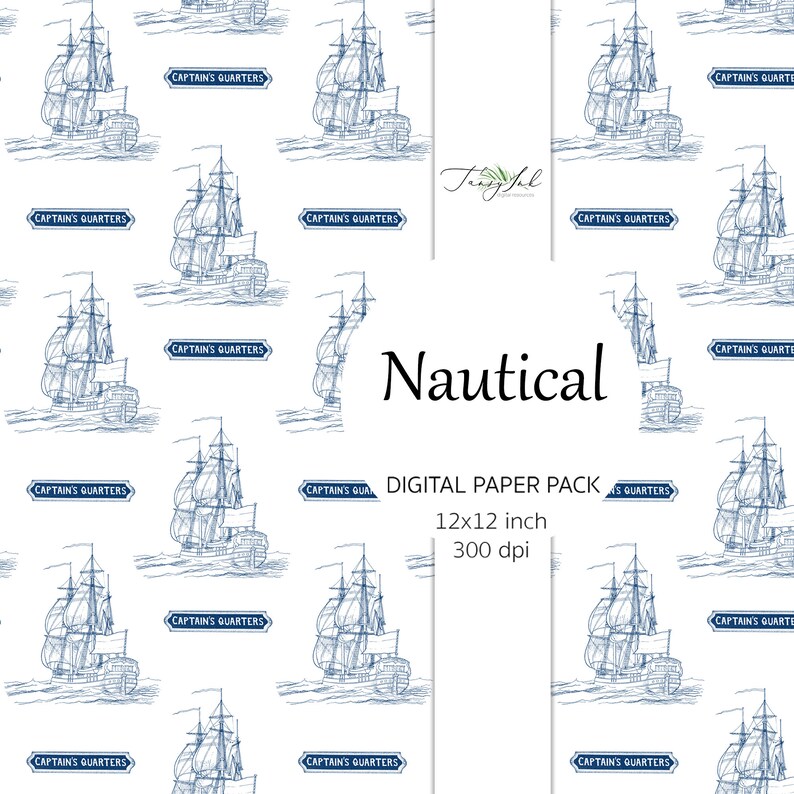 Nautical Digital Paper, Seamless Pattern, Vintage Ship, Scrapbooking ...