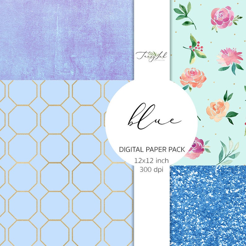 Blue Digital Paper Watercolor Flowers Blue Watercolor Paper - Etsy