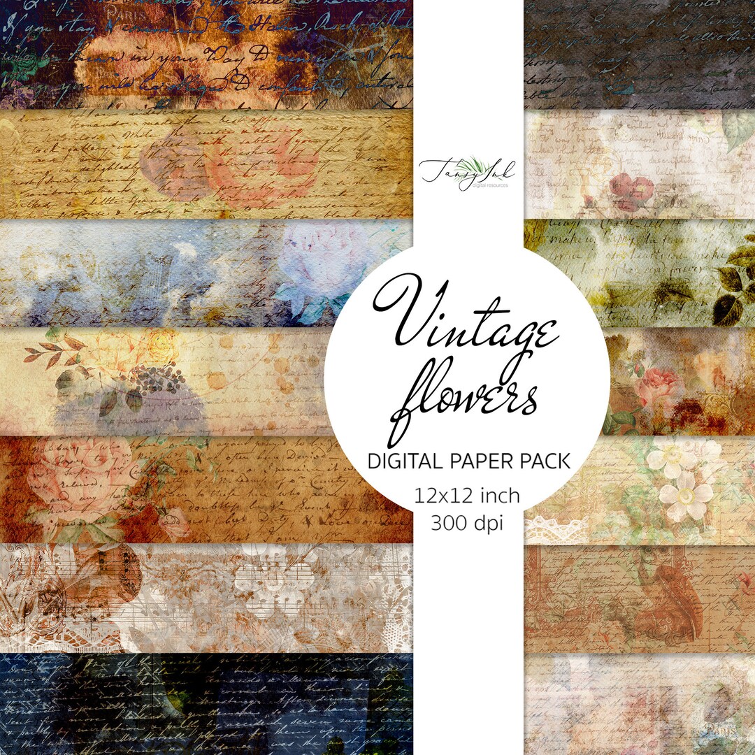 Vintage Flowers Digital Paper, Botanical Scrapbook, Floral Junk Journal ...