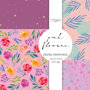 Pink Flowers Digital Paper, Watercolor Flowers, Scrapbooking Paper ...
