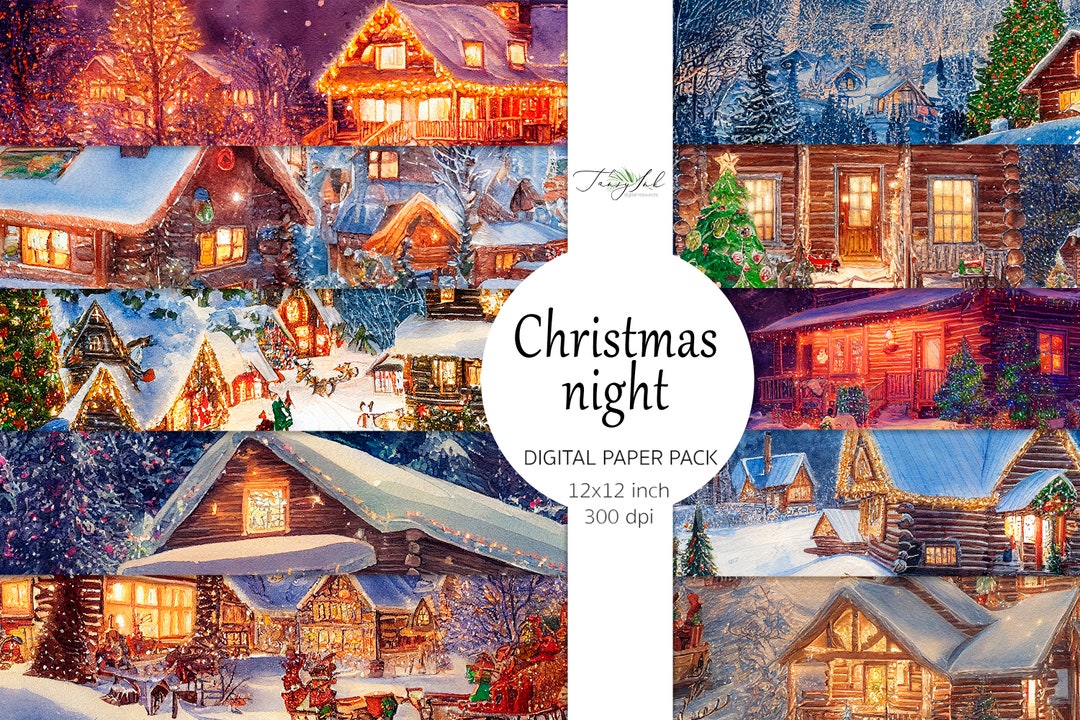 Christmas Night Digital Paper, Christmas Cabin Village, Christmas ...