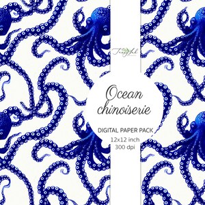 Ocean Chinoiserie SEAMLESS Digital Paper, Oriental Backdrop, Octopus ...
