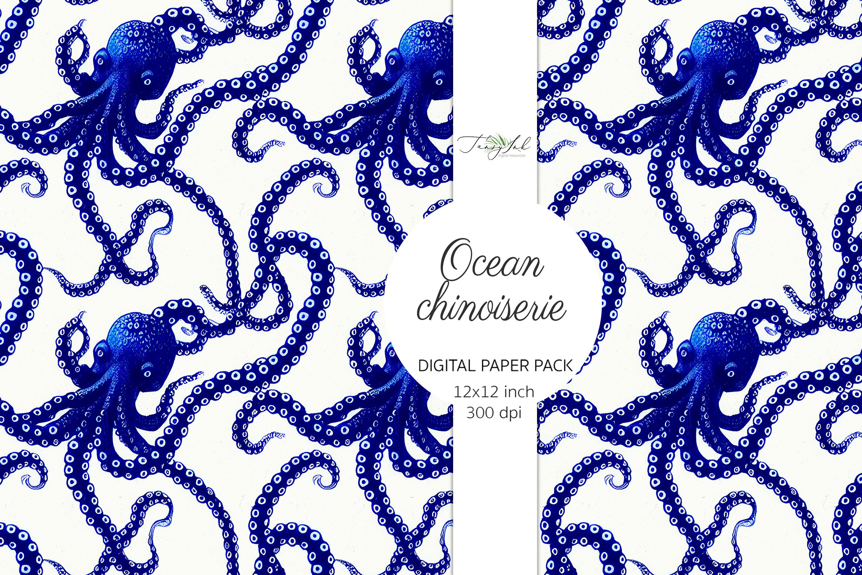 Ocean Chinoiserie SEAMLESS Digital Paper, Oriental Backdrop, Octopus ...