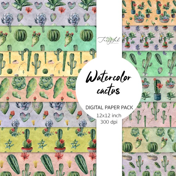 Watercolor Cactus Digital Paper Succulent Paper Floral | Etsy