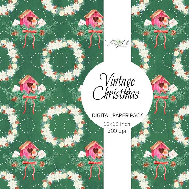 Vintage Christmas Digital Paper, Floral Pattern, Xmas Paper, Winter ...
