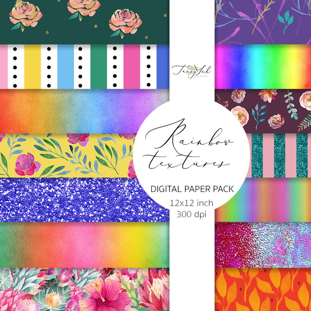 Rainbow Mixed Patterns Digital Paper, Rainbow Gradient, Watercolor ...