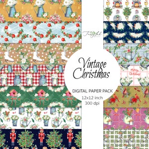 Vintage Christmas Digital Paper, Floral Pattern, Xmas Paper, Winter ...