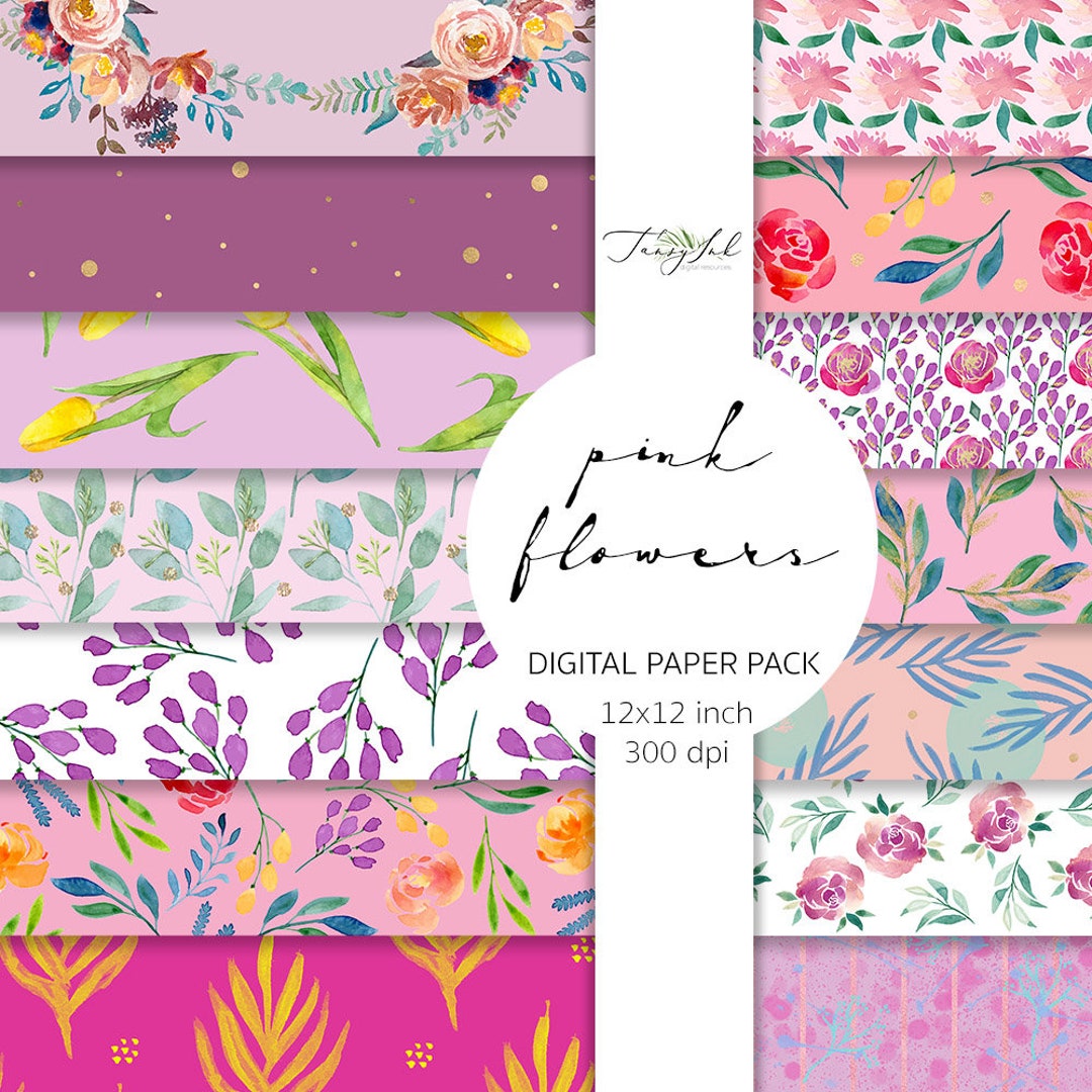 Pink Flowers Digital Paper, Watercolor Flowers, Scrapbooking Paper ...