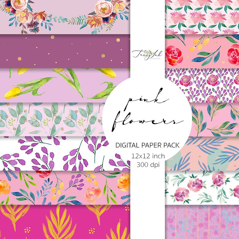 Pink Flowers Digital Paper, Watercolor Flowers, Scrapbooking Paper ...