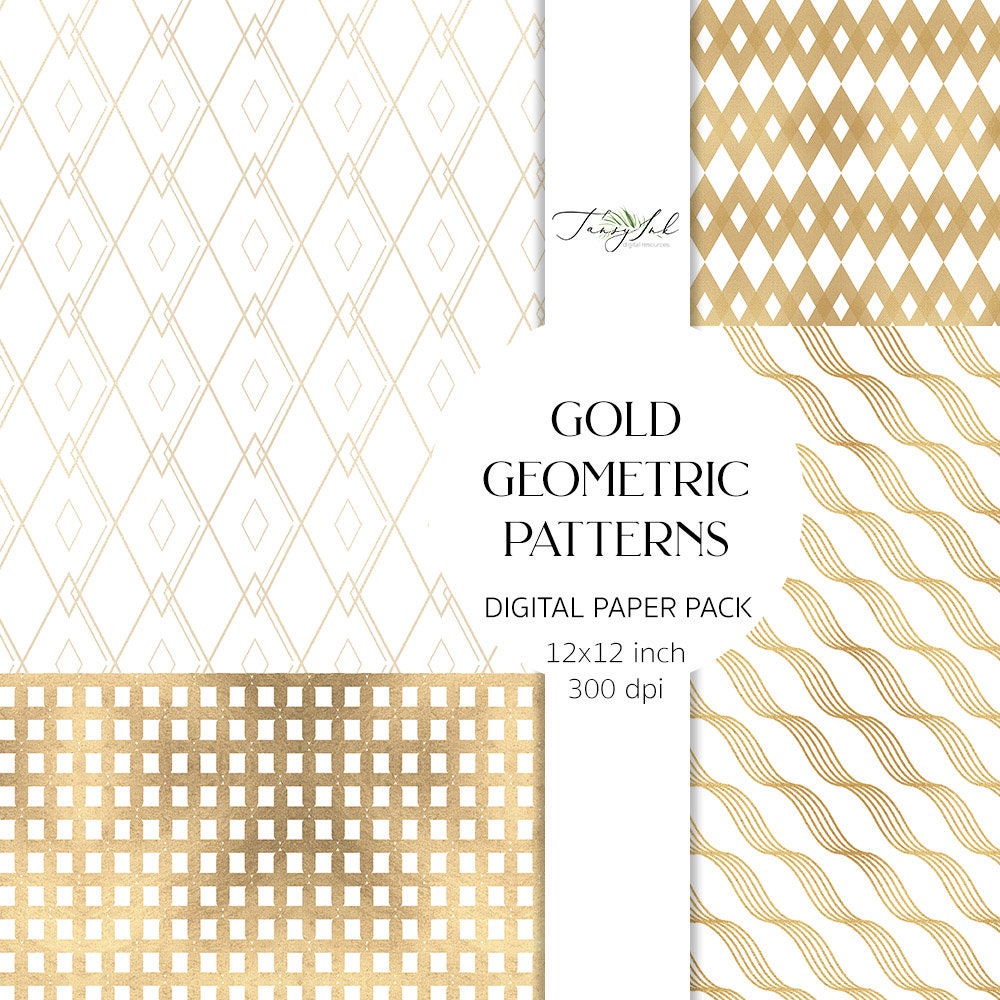 Gold Geometric Pattern Digital Paper, Stripes Pattern Paper, White Gold ...