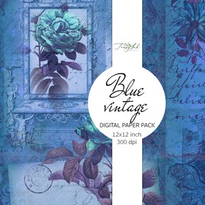 Blue Vintage Digital Paper, Grungy Blue Paper, Vintage Flowers, Old ...