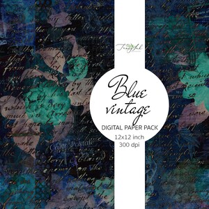 Blue Vintage Digital Paper, Grungy Blue Paper, Vintage Flowers, Old ...