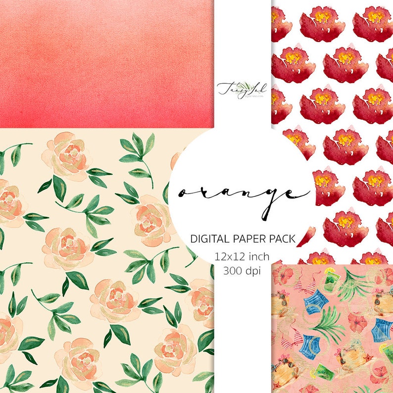 Orange Digital Paper, Orange Watercolor Paper, Orange Flowers Pattern ...